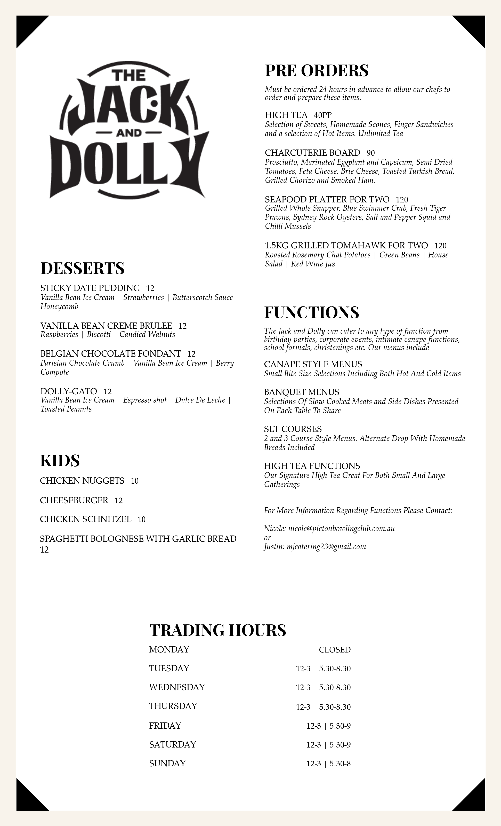 Restaurant Menu - Picton Bowling Club